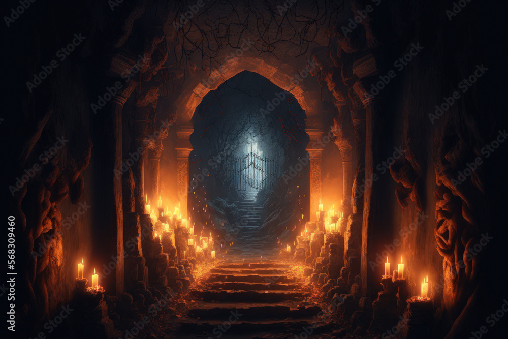 eerie, never ending medieval catacombs lit by flames. Concept of a ...