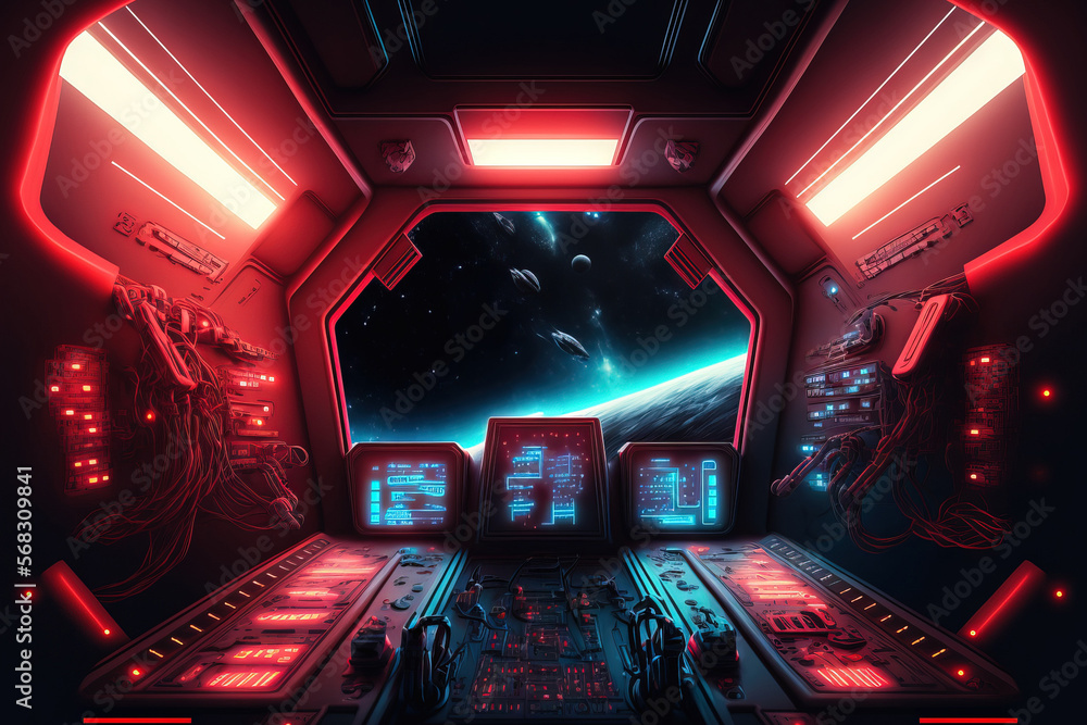 Interior of a dark spaceship with blazing red and blue lights ...