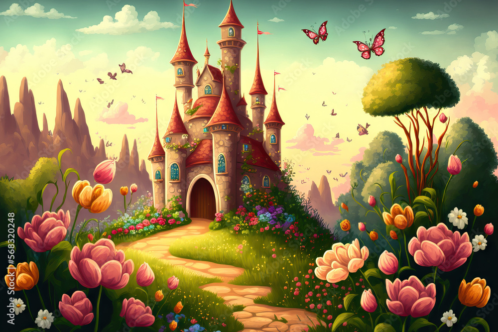 Background from a fairytale with a flower meadow. Wonderland. Children ...