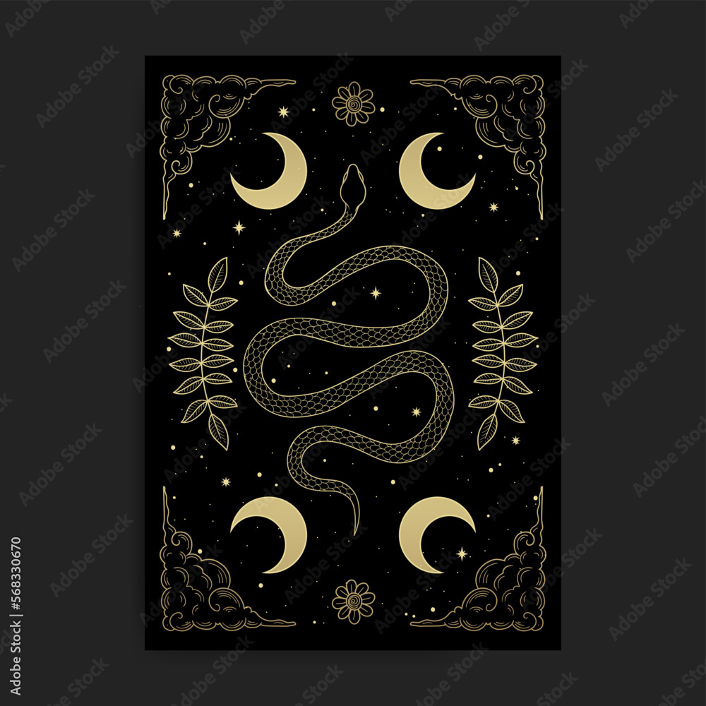 Vector de Stock Sacred geometry snake symbol with crescent moon and ...
