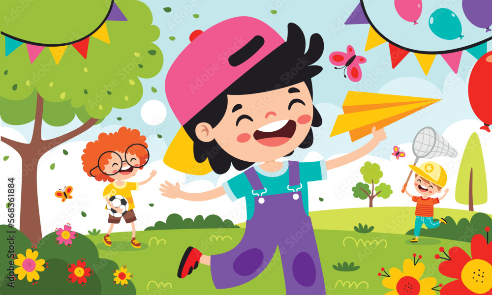 Cartoon Kids Playing At Nature Stock Vector | Adobe Stock