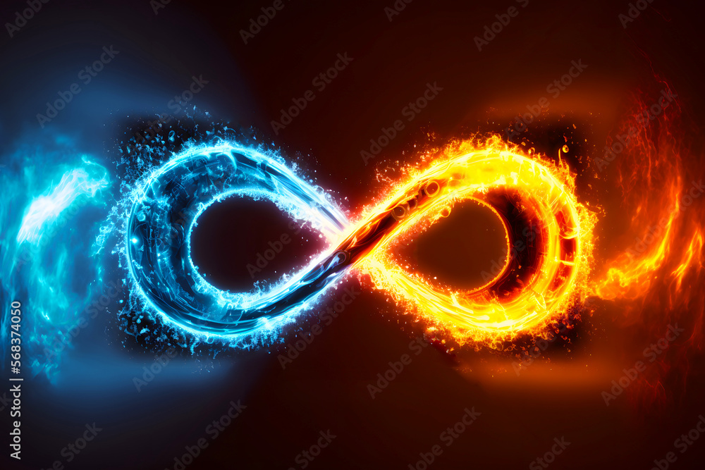 The fusion of fire and water in the form of an infinity sign on a dark ...