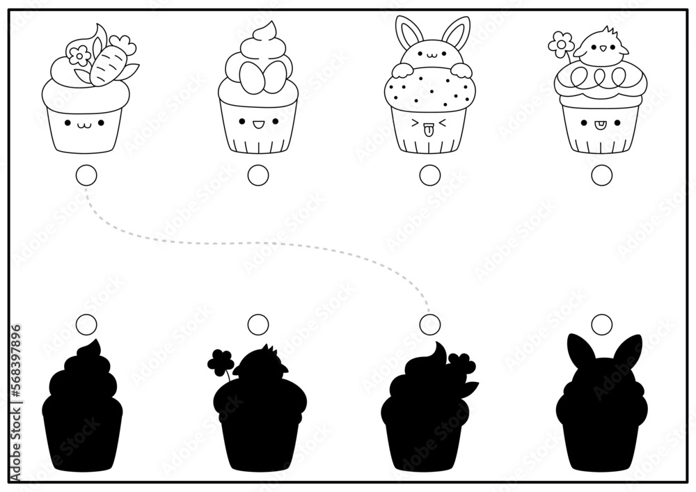Easter black and white shadow matching activity with cupcakes. Spring ...