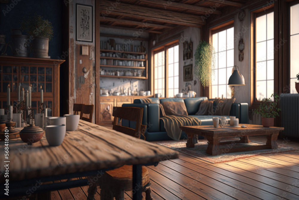 a kitchen with a table and chairs in it, a 3D render by senior ...