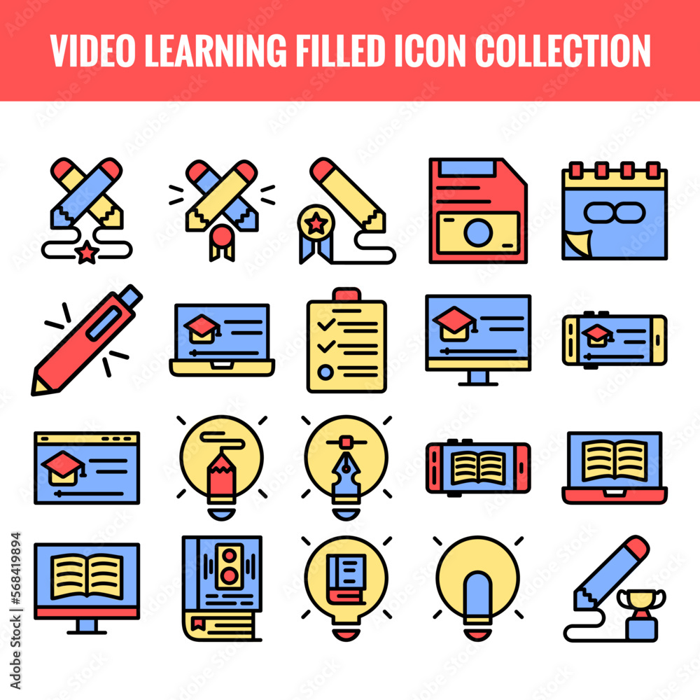 Video Learning Filled Icon collection, Online education, Video ...