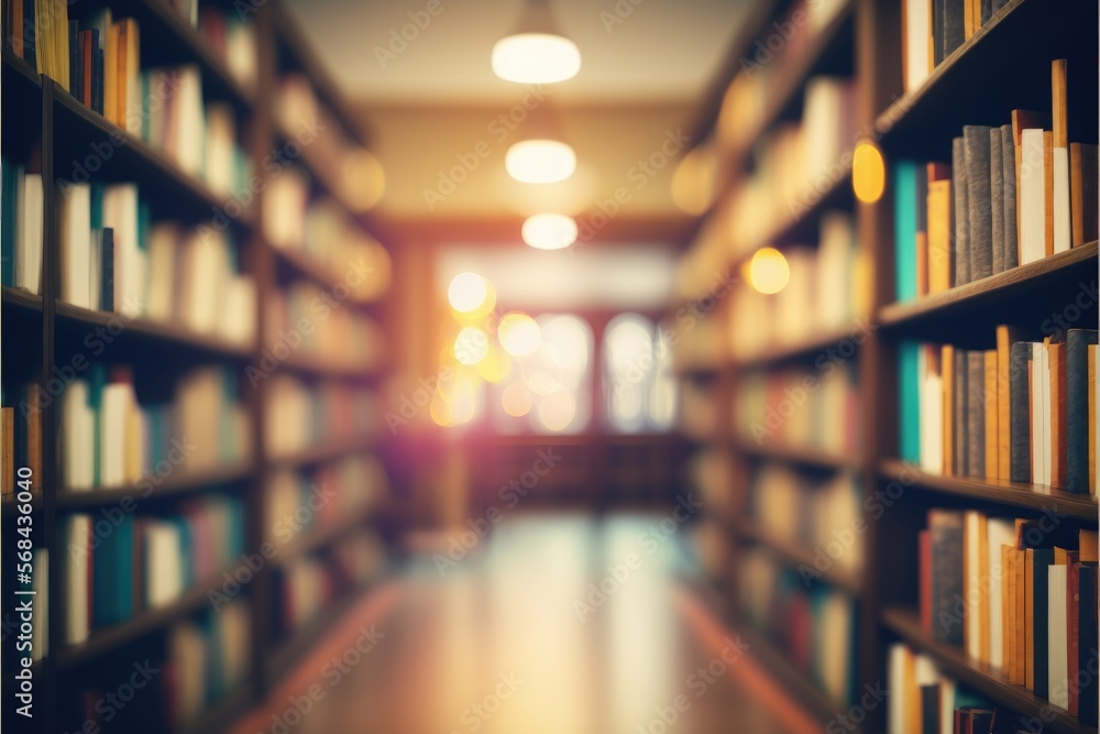 Abstract blurred empty college library interior space. Blurry classroom ...