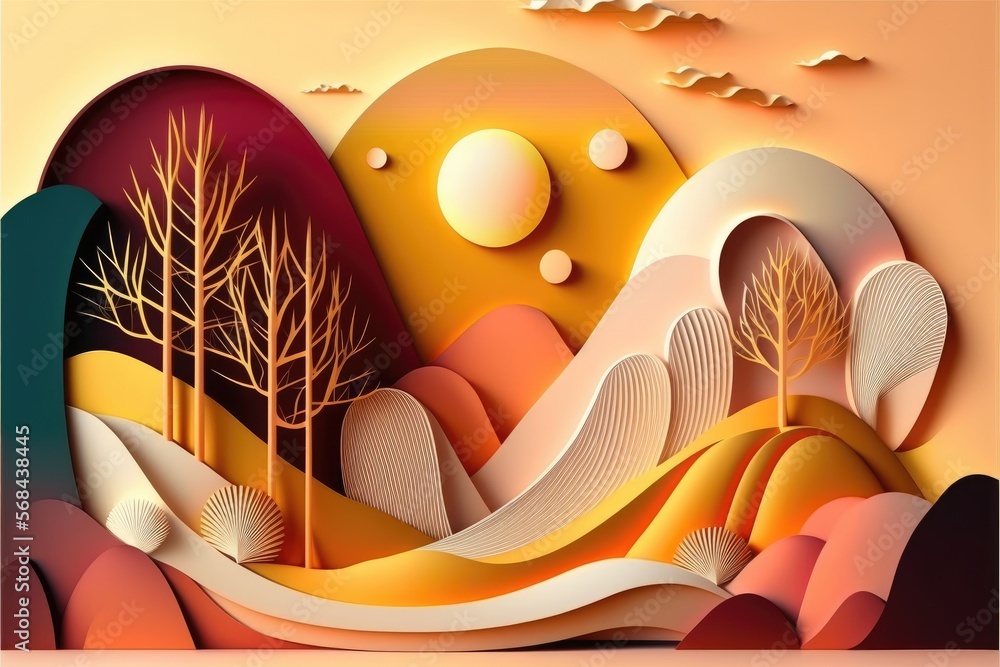 nature Landscape Paper Cut style with rounded Curved shapes and ...
