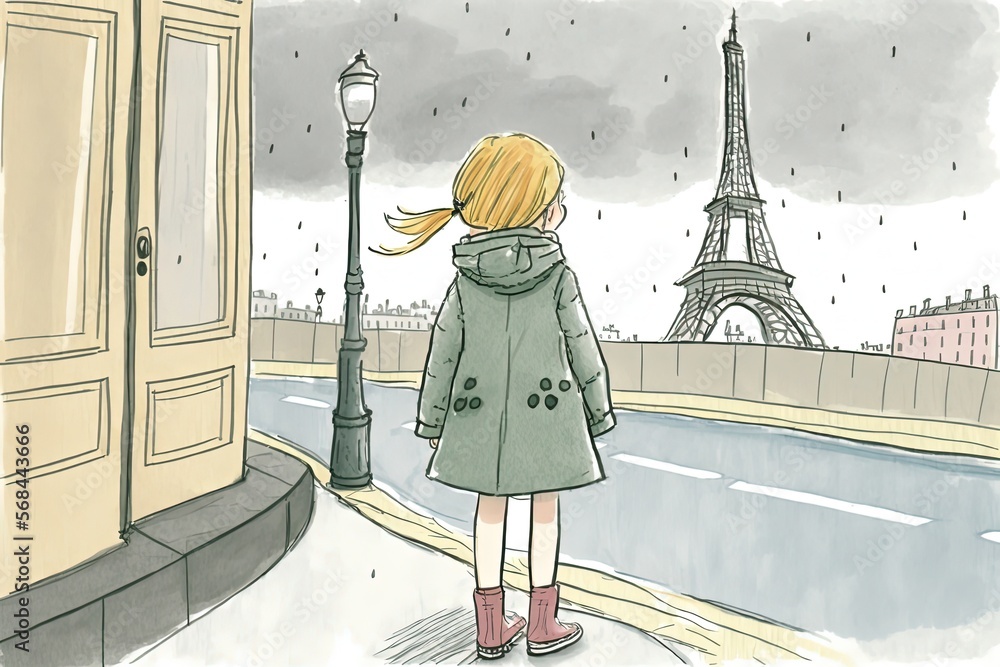 naive art style cartoon of cute character on traveling, travel in Paris ...