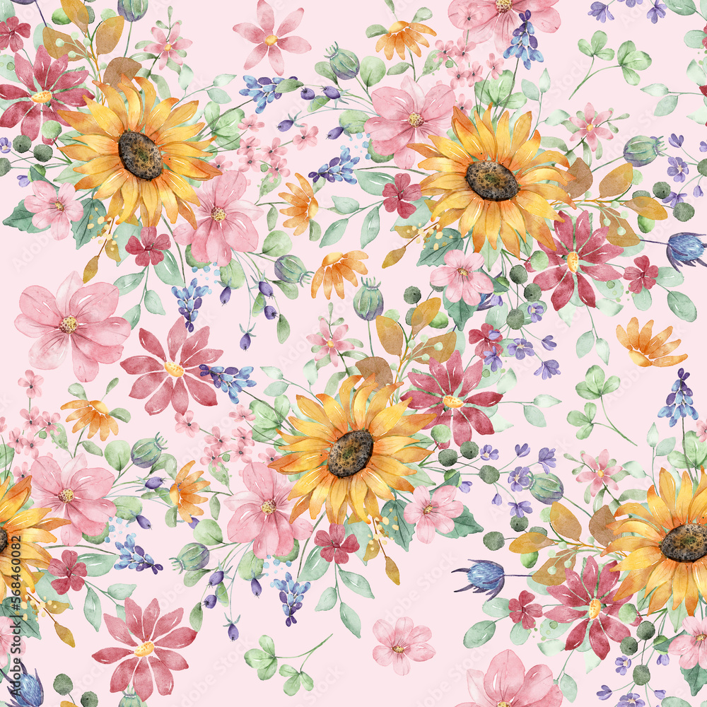 Seamless pattern with watercolor flowers, sunflower, repeat floral ...