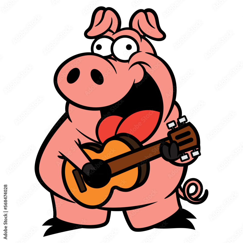 Cartoon illustration of Funny Pig playing a guitar. Best for sticker ...