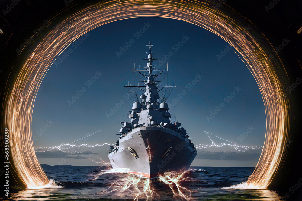 front view of battleship sourounded by circualar energy and electrical ...