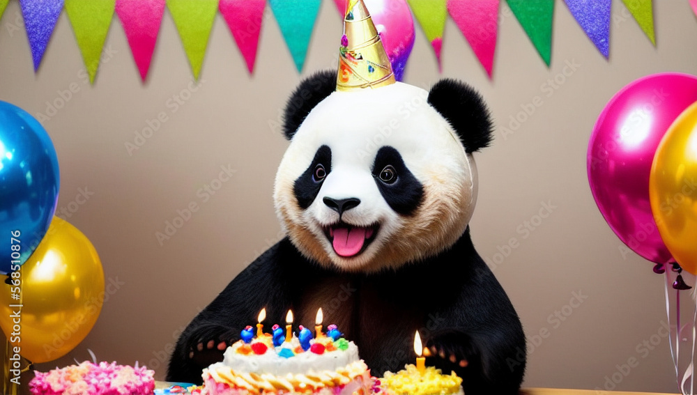 happy smiling panda with birthday cake and holiday decorations ...