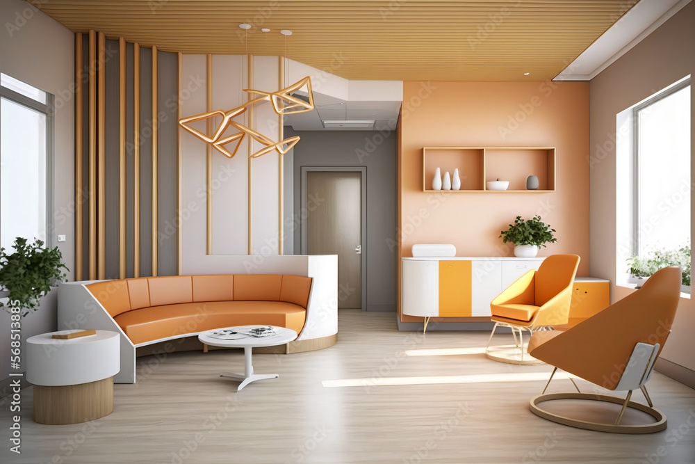 contemporary doctor's office, with sleek lines and a warm color palette ...
