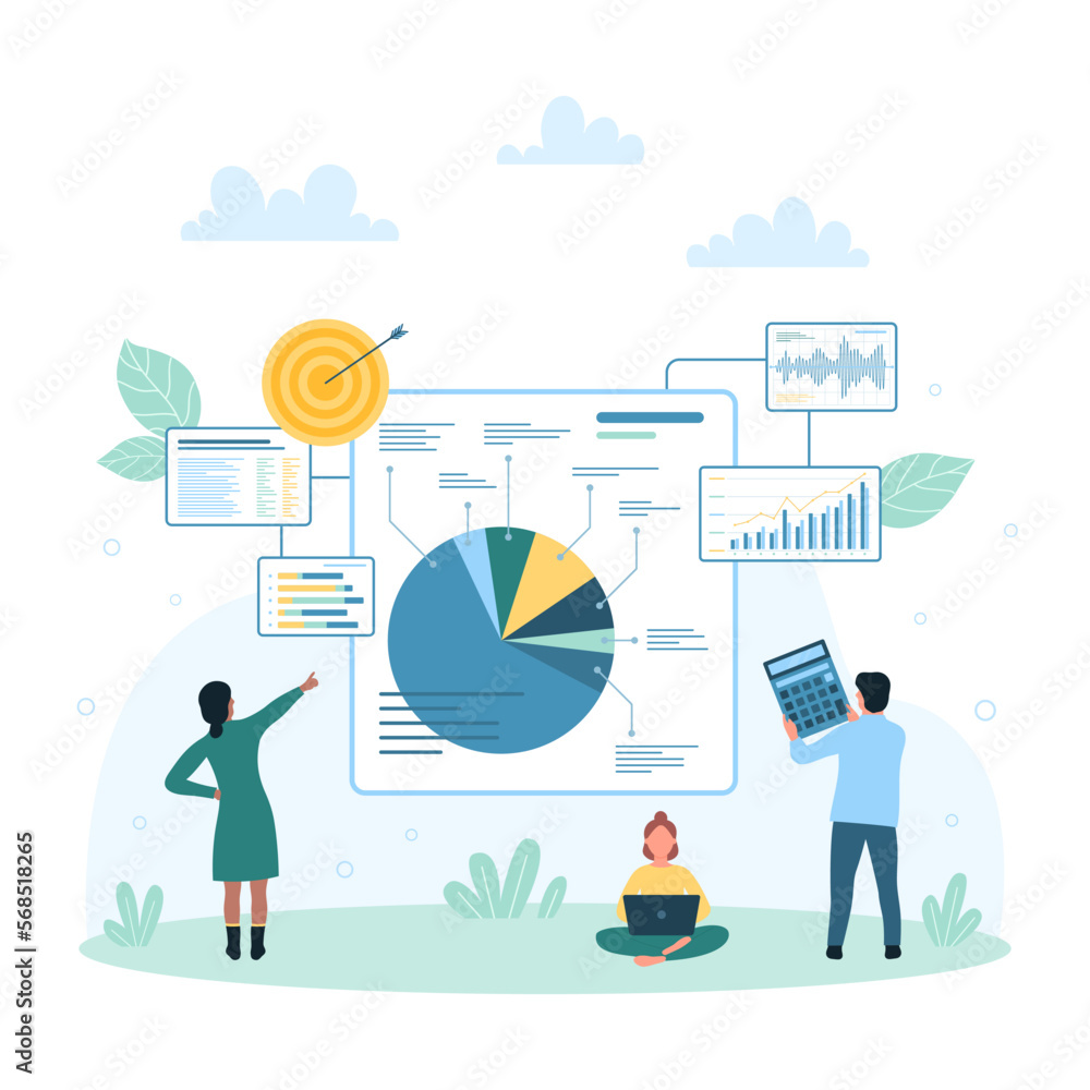 Vector de Stock Data analysis of stock market trades vector illustration. Cartoon tiny people ...
