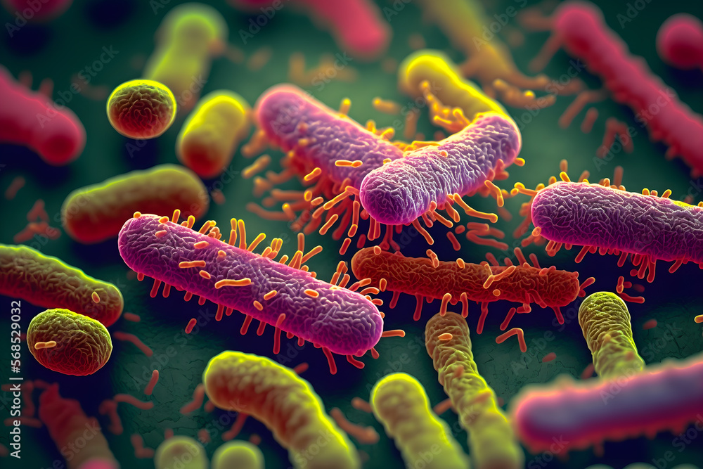 Many bacteria magnified by an electron microscope in the color visible ...