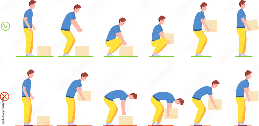Stock-Vektorgrafik „Proper lifting. Correctly and wrong heavy box lift ...