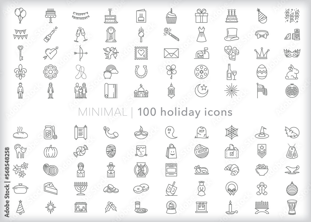 Set of 100 holiday line icons of items and themes for annual holidays ...
