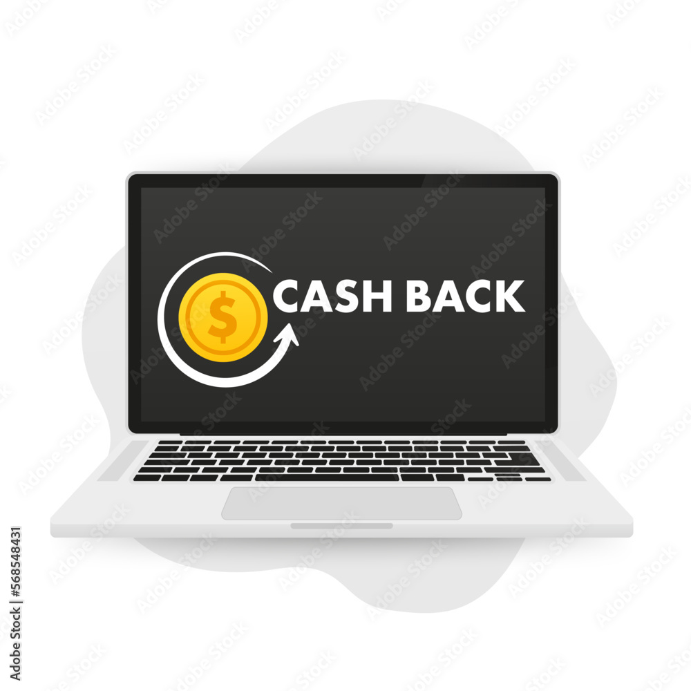 Vector de Stock Cashback loyalty program concept on laptop. Shopping cart and gold coin. Cash ...
