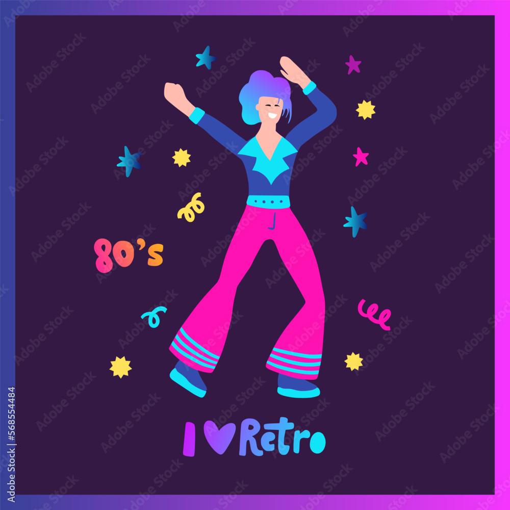 Cartoon colorful party boy, disco dancer man funky 80s poster. Love ...