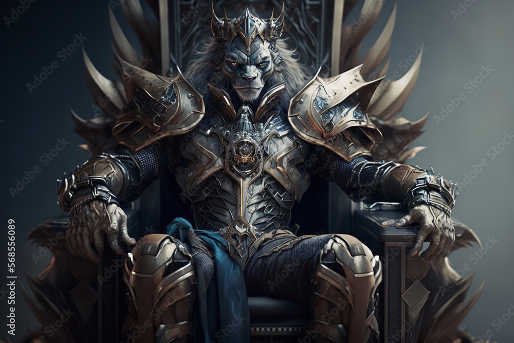 Majestic lion king in full body plate armor sitting on a throne and commanding authority just ...