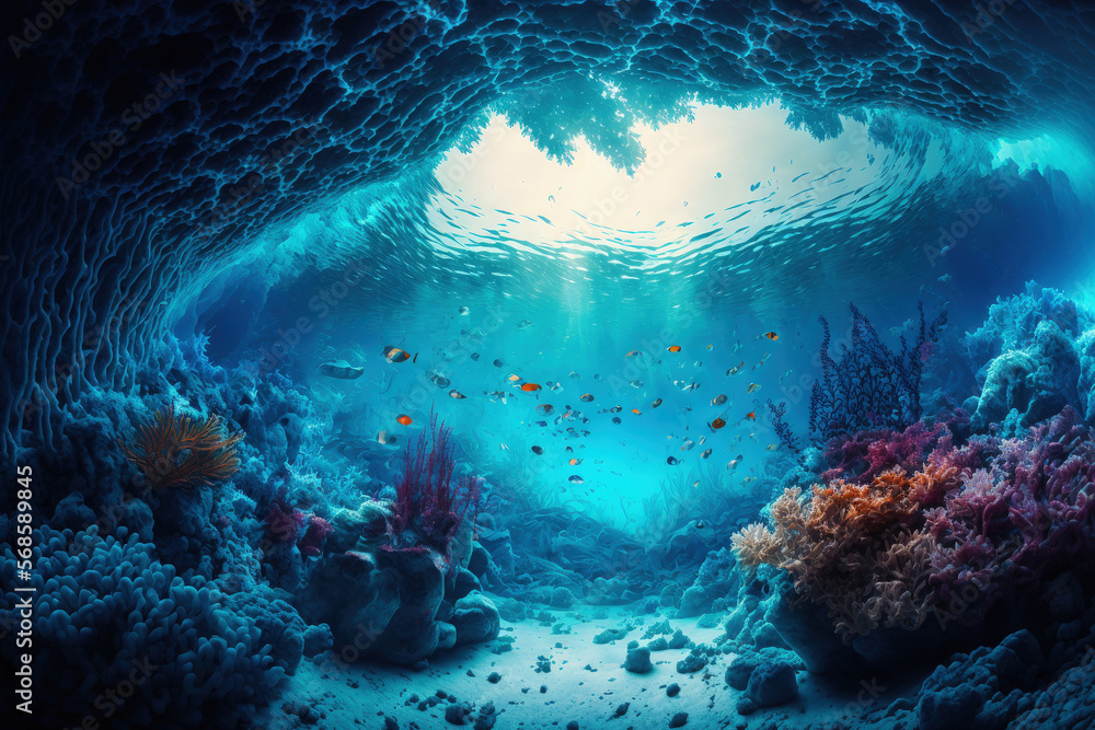 ภาพประกอบ Stock Underwater view of a marine environment with a blue ...