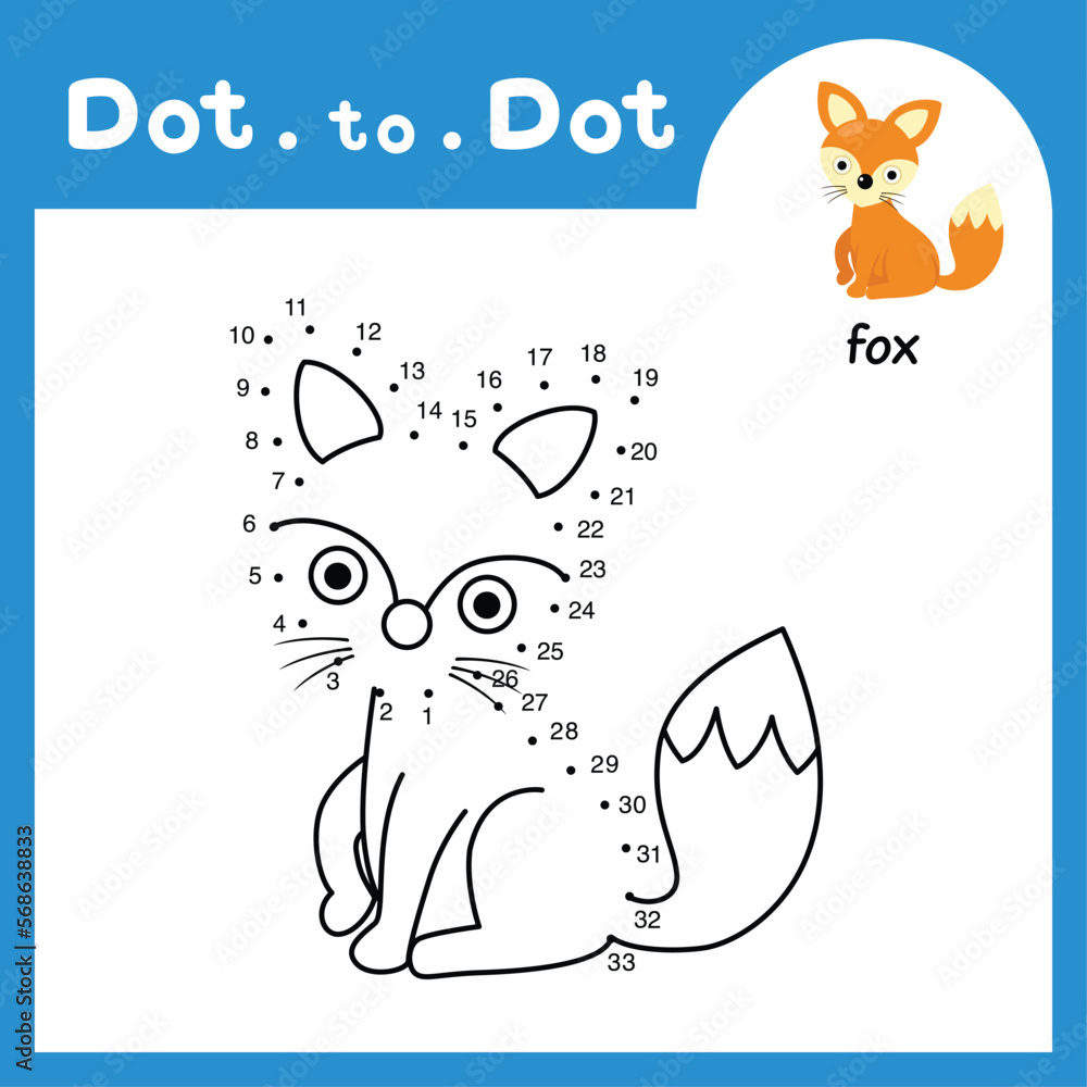 Dot to dot educational game and coloring book of fox animal cartoon for ...