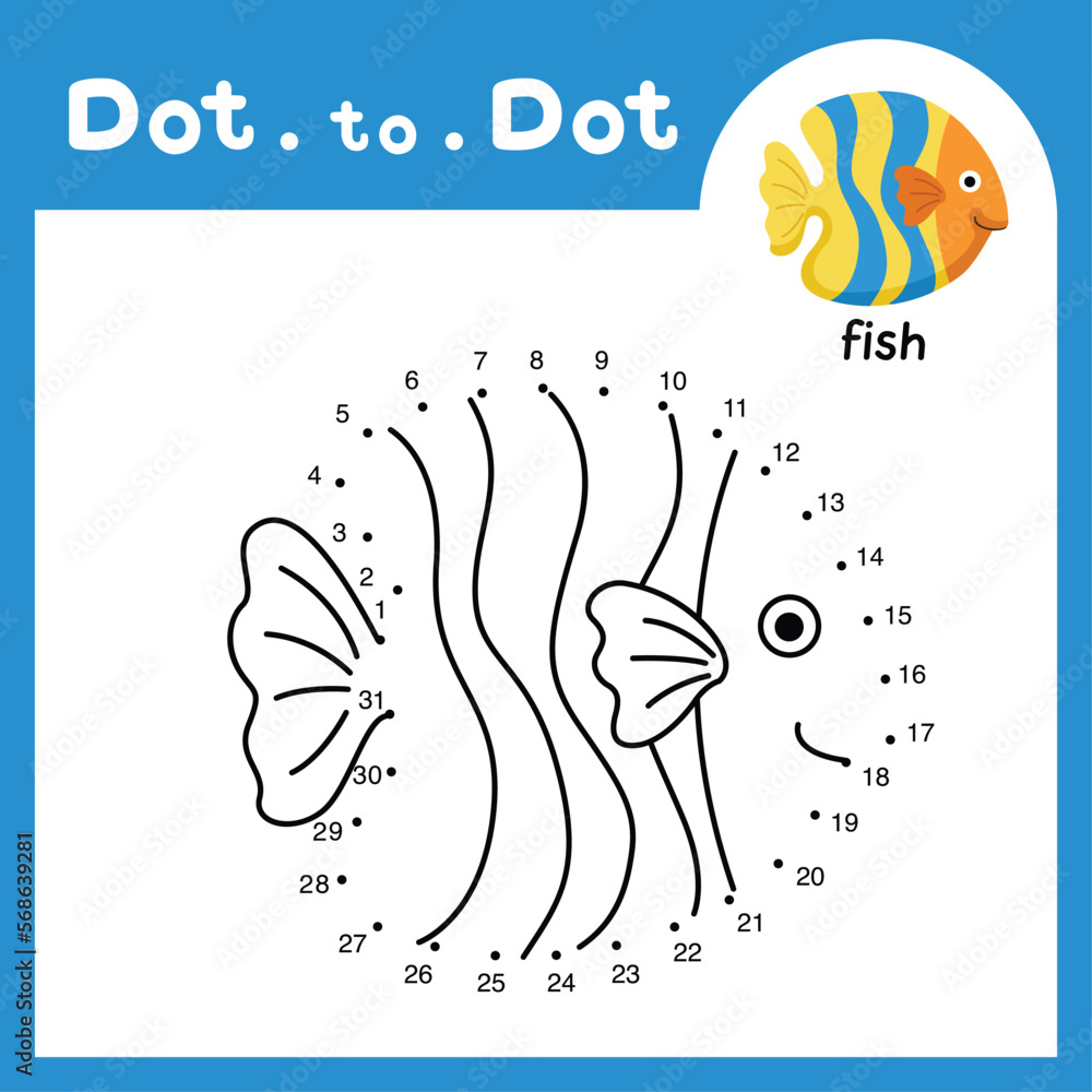 Dot to dot educational game and coloring book of fish animal cartoon ...