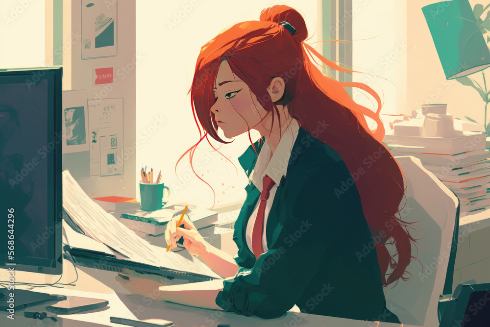 Beautiful anime business woman artist with long red hair and tie in her ...