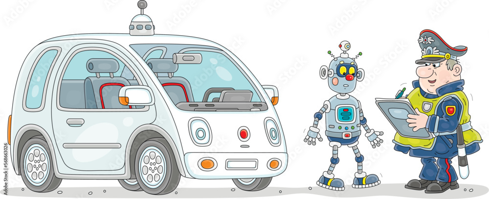 Funny traffic cop making a fine to an inattentive robot driver on a ...