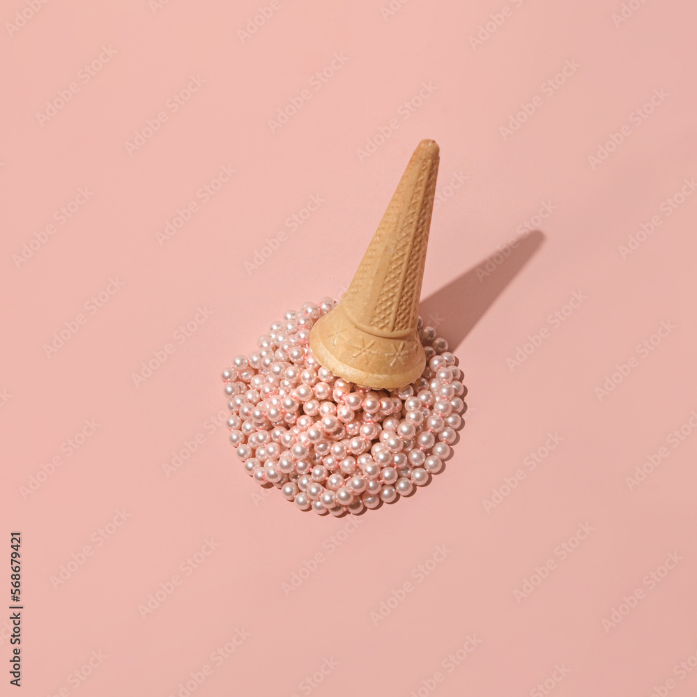 Pastel pink pearl beads and ice cream cone, creative summer fashion ...