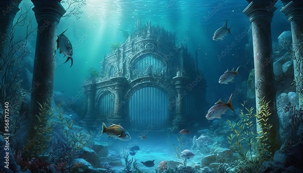 atlantis underwater scene, magic blue ocean with ancient temple ruins ...
