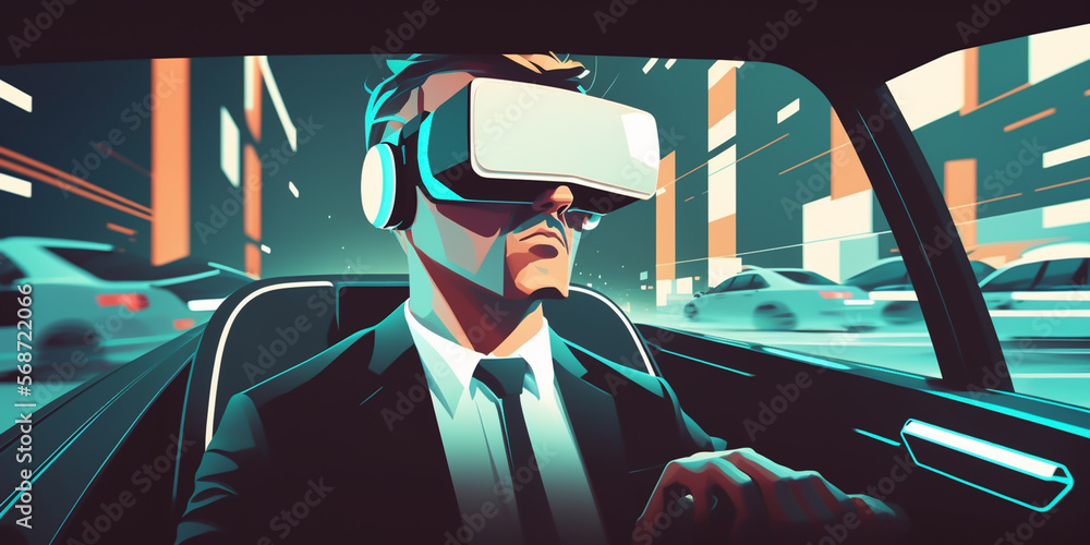 A businessman wearing a virtual reality (VR) headset in self driving ...