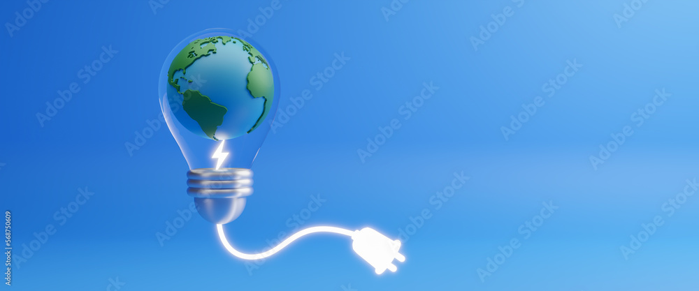 Light bulb with Earth planet inside light bulb with power plug. Energy ...