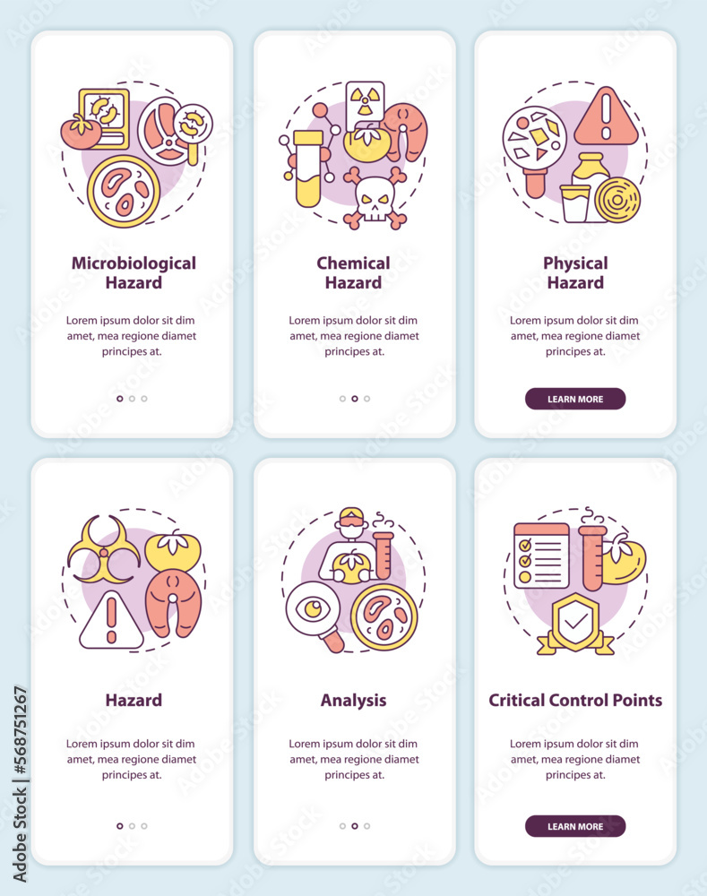 Food safety hazards and HACCP onboarding mobile app screens set ...