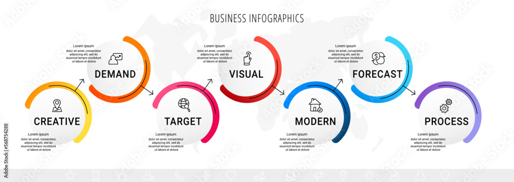 Vector business infographics template. Timeline with 7 circle, icon ...