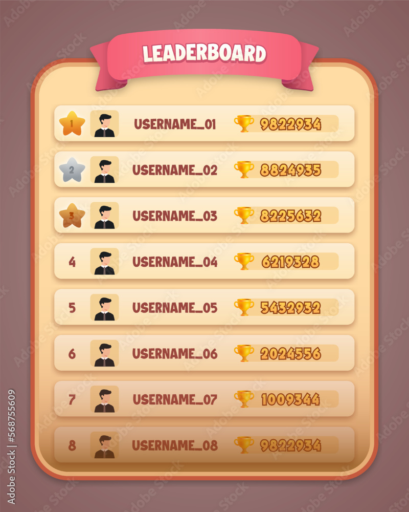 Game leaderboard in cartoon style with different ranks and set of 3 ...