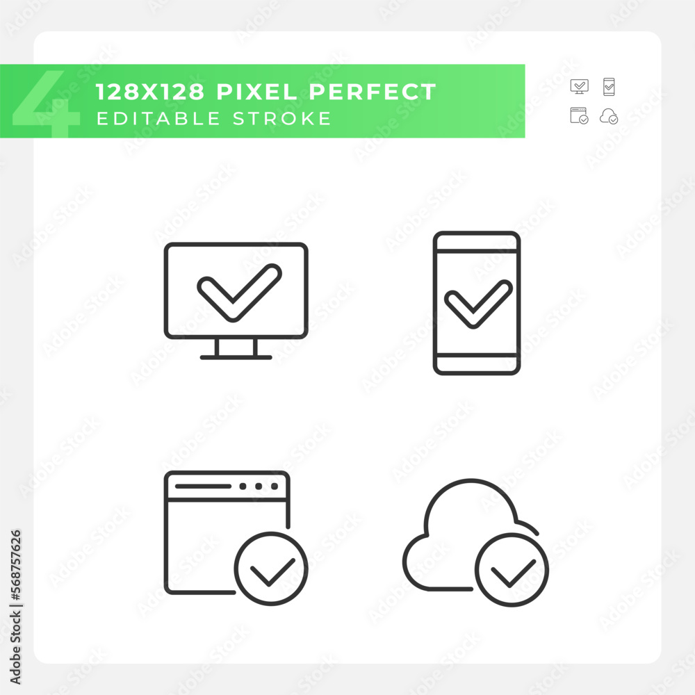 Checkmarks in digital technologies pixel perfect linear icons set. Approved access to personal ...