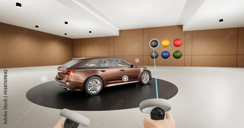 FPV View of person using VR headset to customize a color of a generic ...