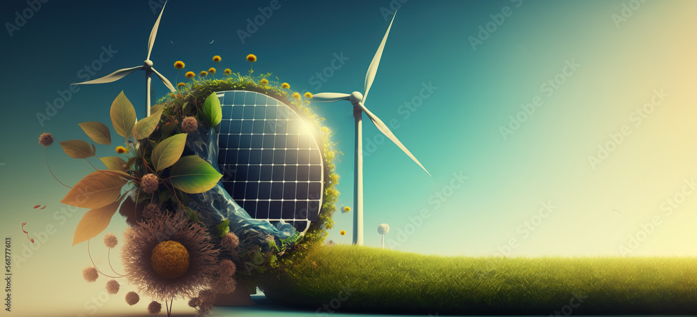 renewable energy banner background with green energy as wind turbines and solar panels Stock ...