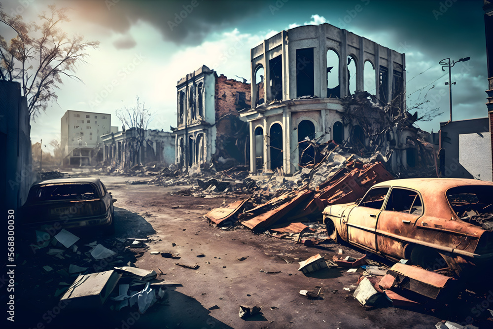 Post apocalyptic wasteland and city of ruins, destroyed buildings after ...