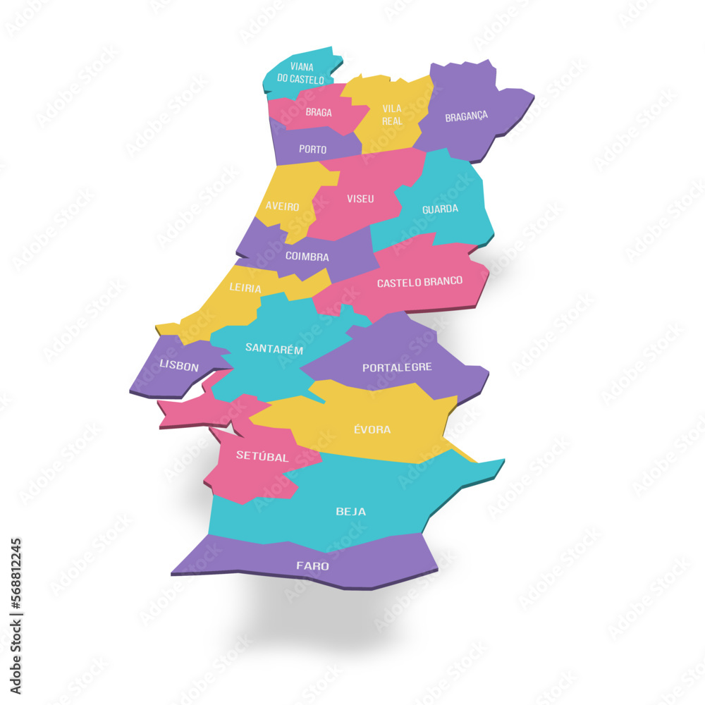 Portugal political map of administrative divisions - districts. 3D ...