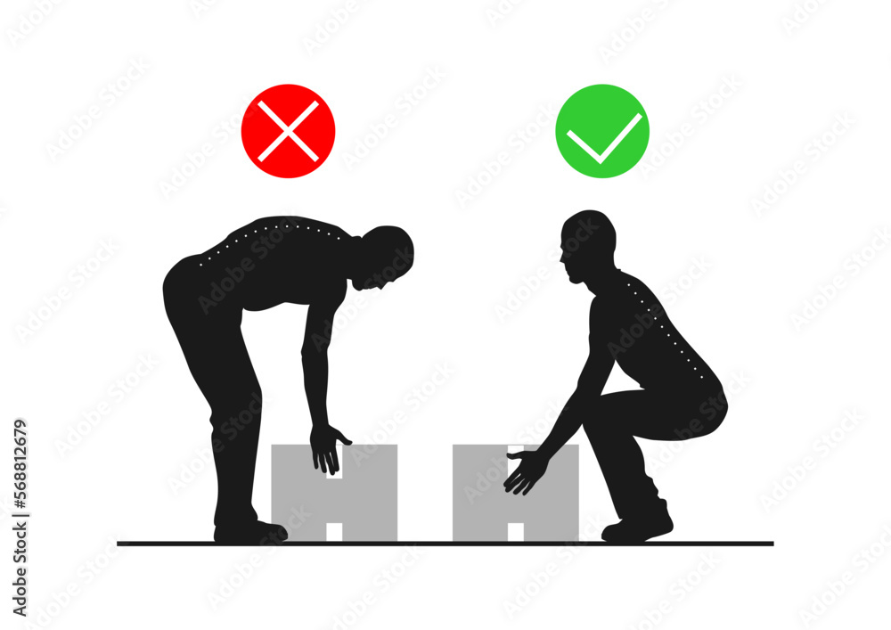 Safe lifting. Silhouettes of people lifting weights in the correct and ...