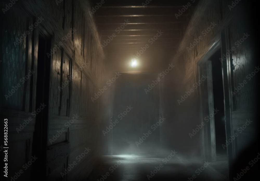 Mysterious doorway in a hallway filled with creepy fog, haunted house ...