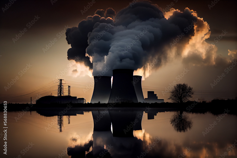 Large cooling towers of thermal power plants. White steam comes out of ...