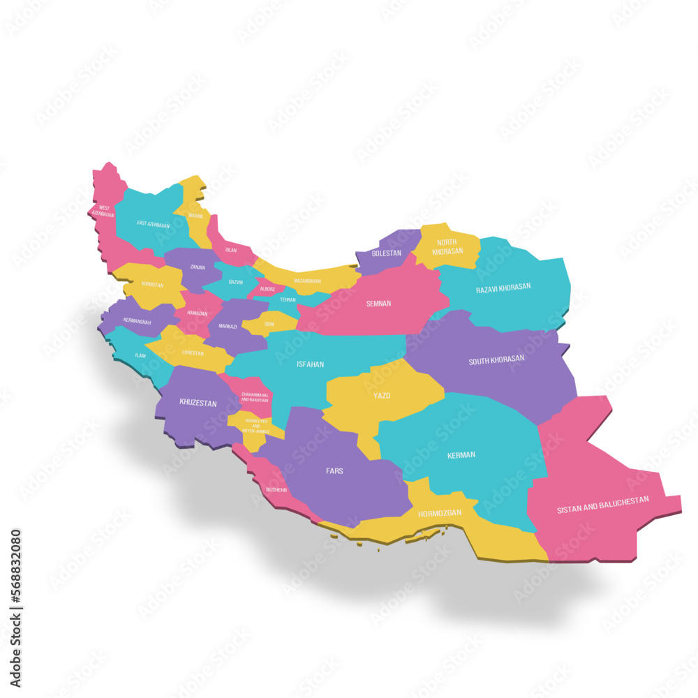 Iran political map of administrative divisions - provinces. 3D colorful ...