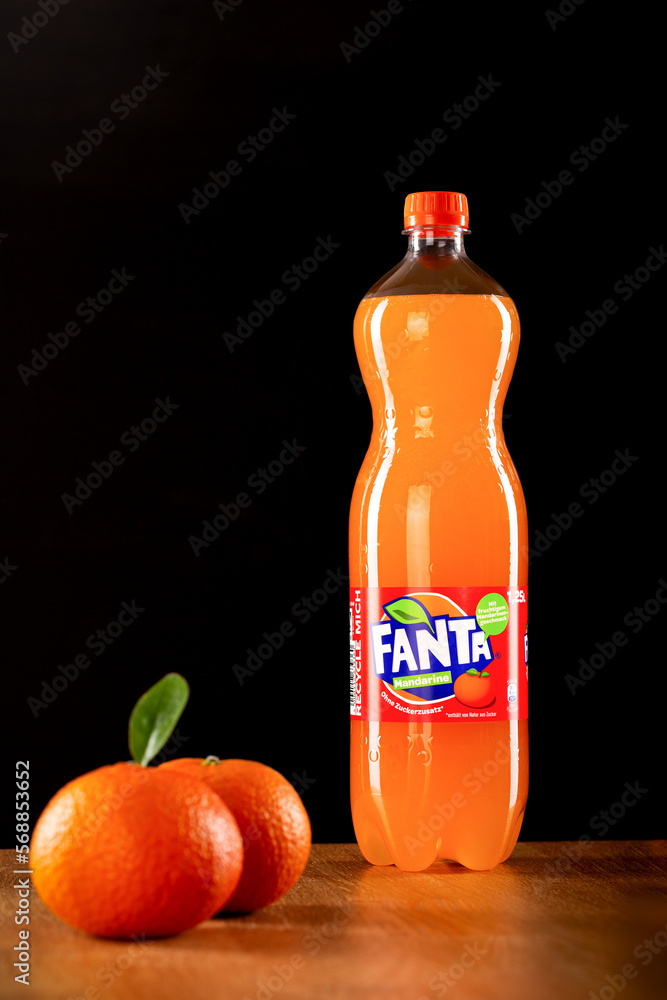 Fanta Soft drink Mandarine flavor. Pop soda from Germany owned by Coca ...