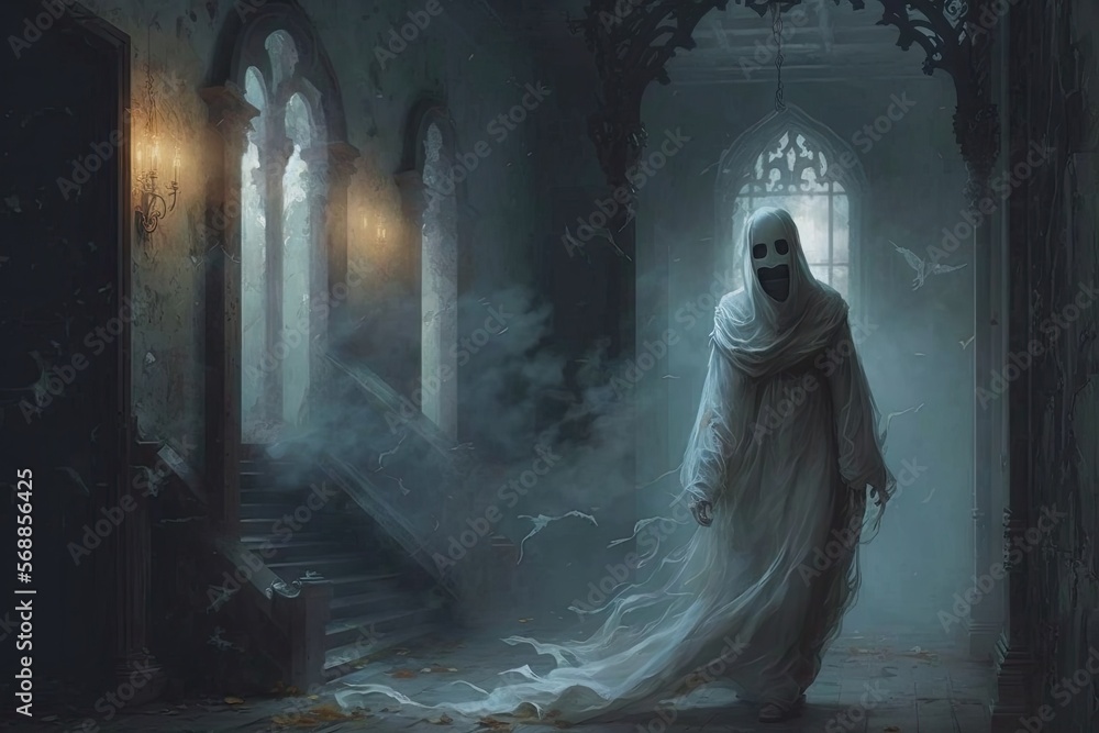A ghost with a spectral form and a haunting expression, wandering ...