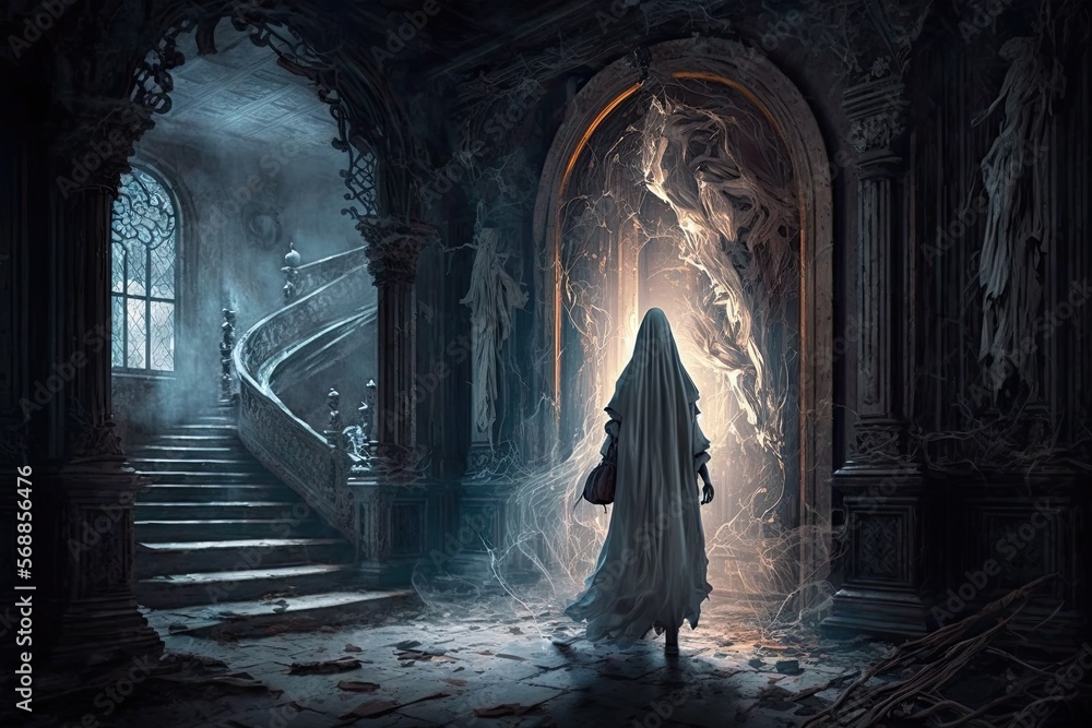 A ghost with a spectral form and a haunting expression, wandering ...