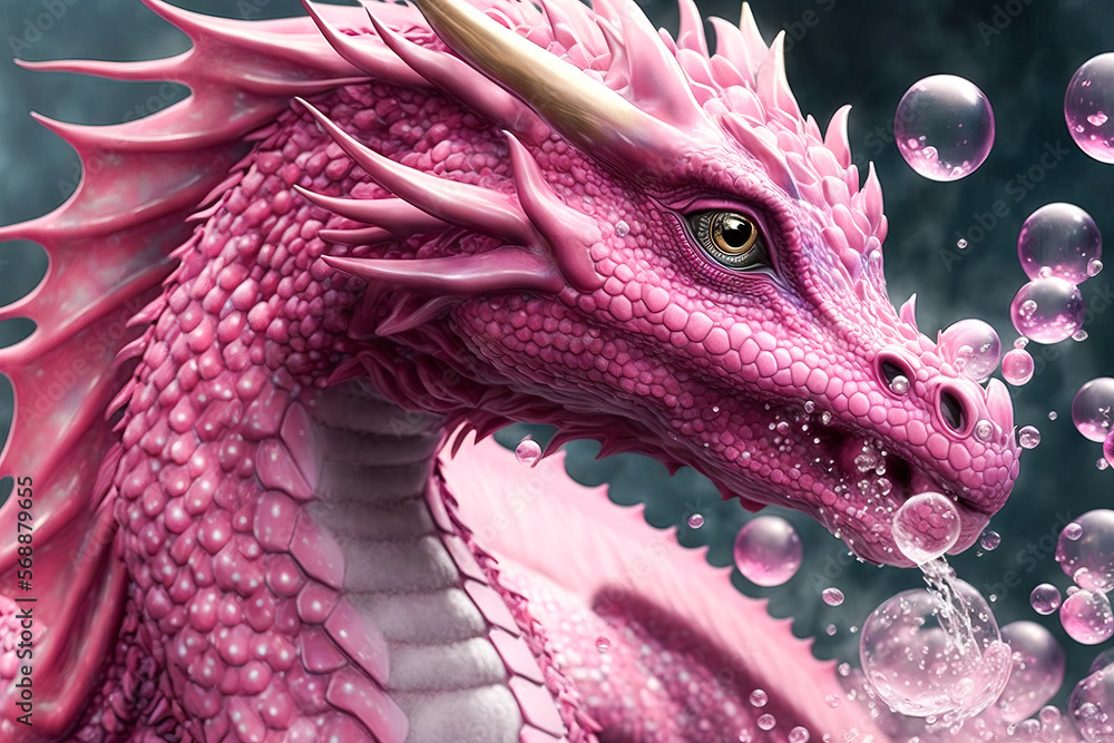 Beautiful dreamy pink dragon the color of bubble gum blowing bubbles ...