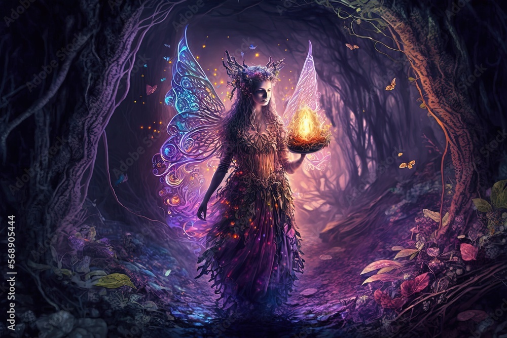 Ancient Celtic powerful fairy in magic wood with magic energy emerge as ...